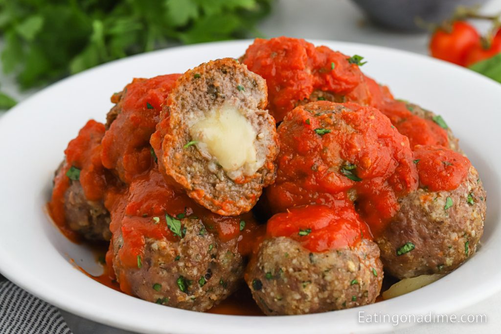 Mozzarella Stuffed Meatballs - Eating on a Dime