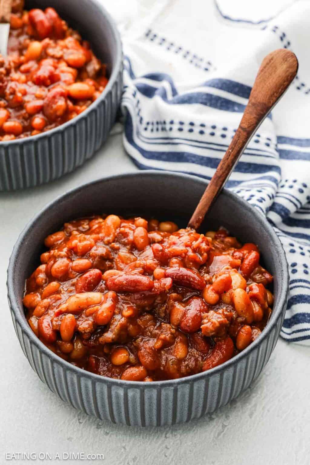 Smoky Cowboy Beans with Bacon & Beef - Eating on a Dime
