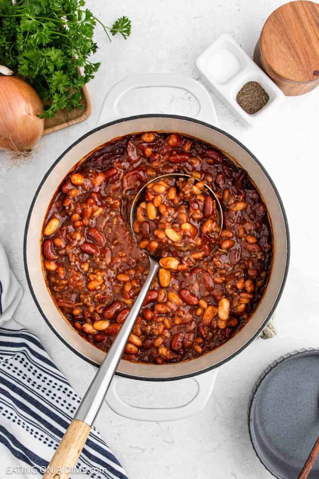 Smoky Cowboy Beans with Bacon & Beef - Eating on a Dime